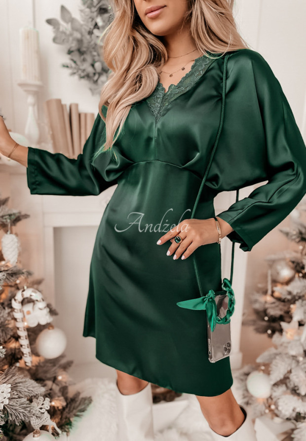 Satynowa sukienka z koronką Charlene butelkowa zieleń