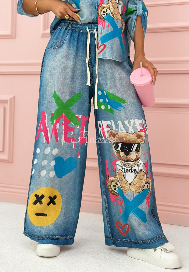 Hose wide leg mit Muster Relaxed Teddy Blau - Andżela Online Shop